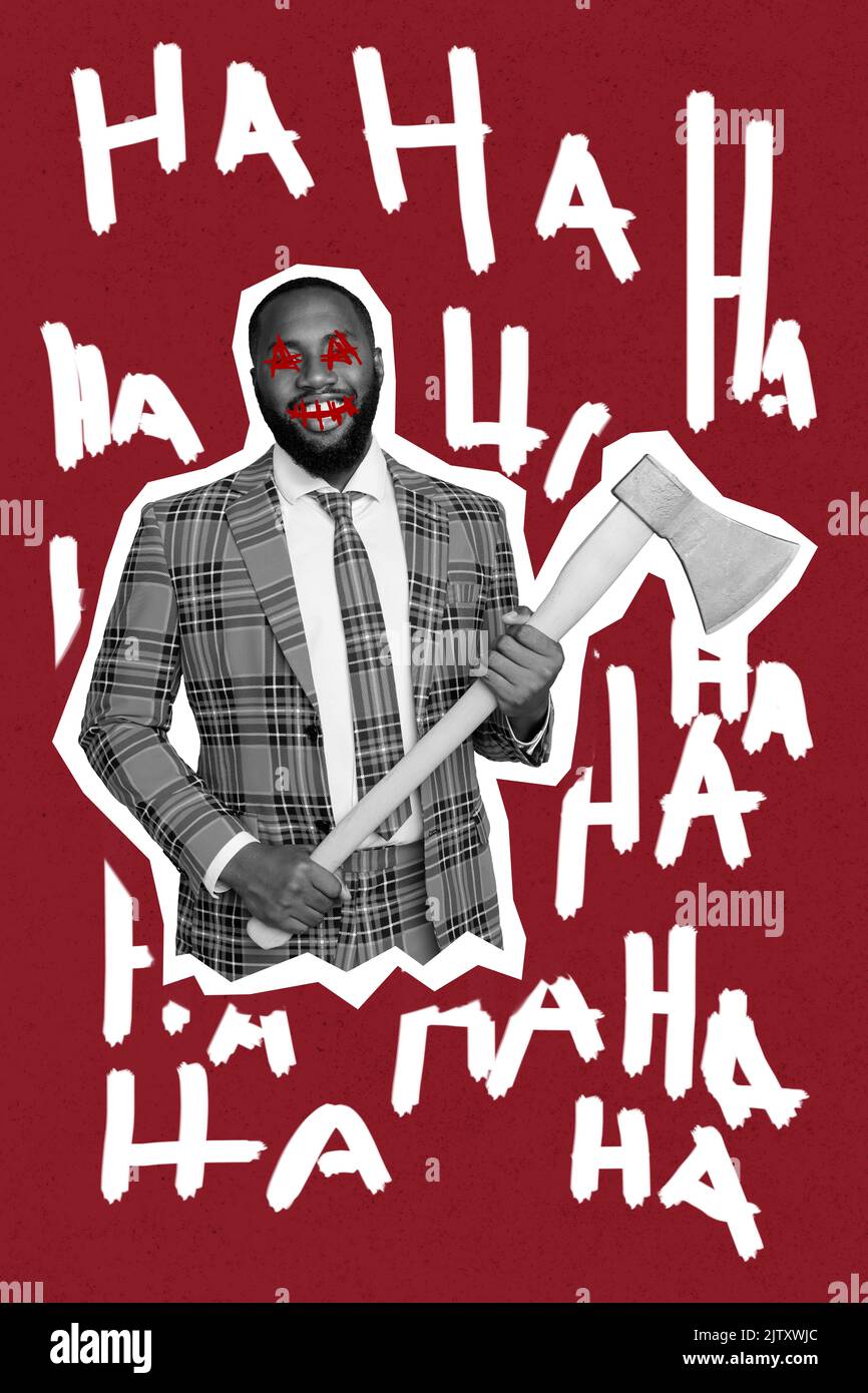 Vertical collage illustration of scary person wear suit hands hold ax ...