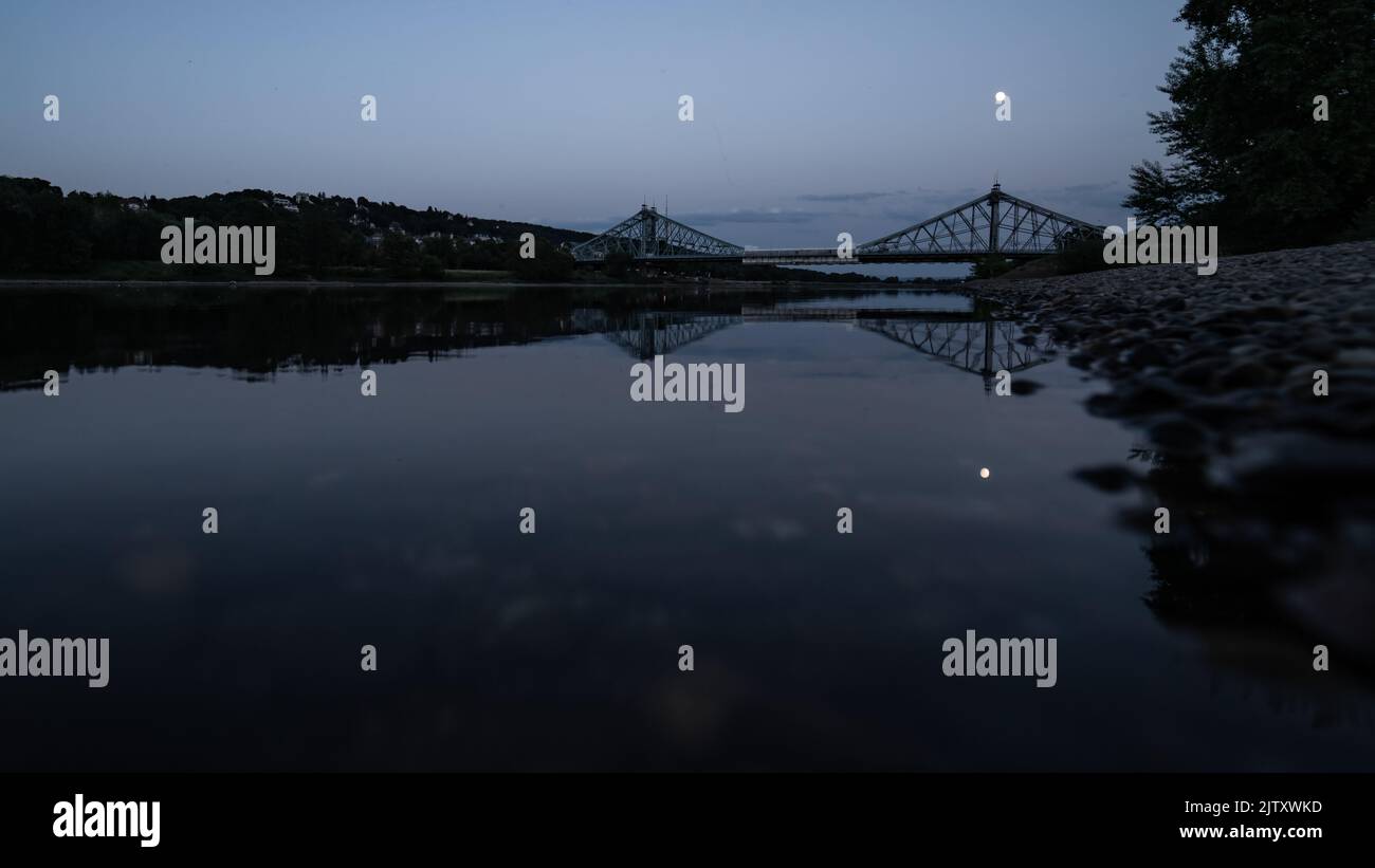 An evening view of the Loschwitz Bridge in Germany over river Elbe with ...