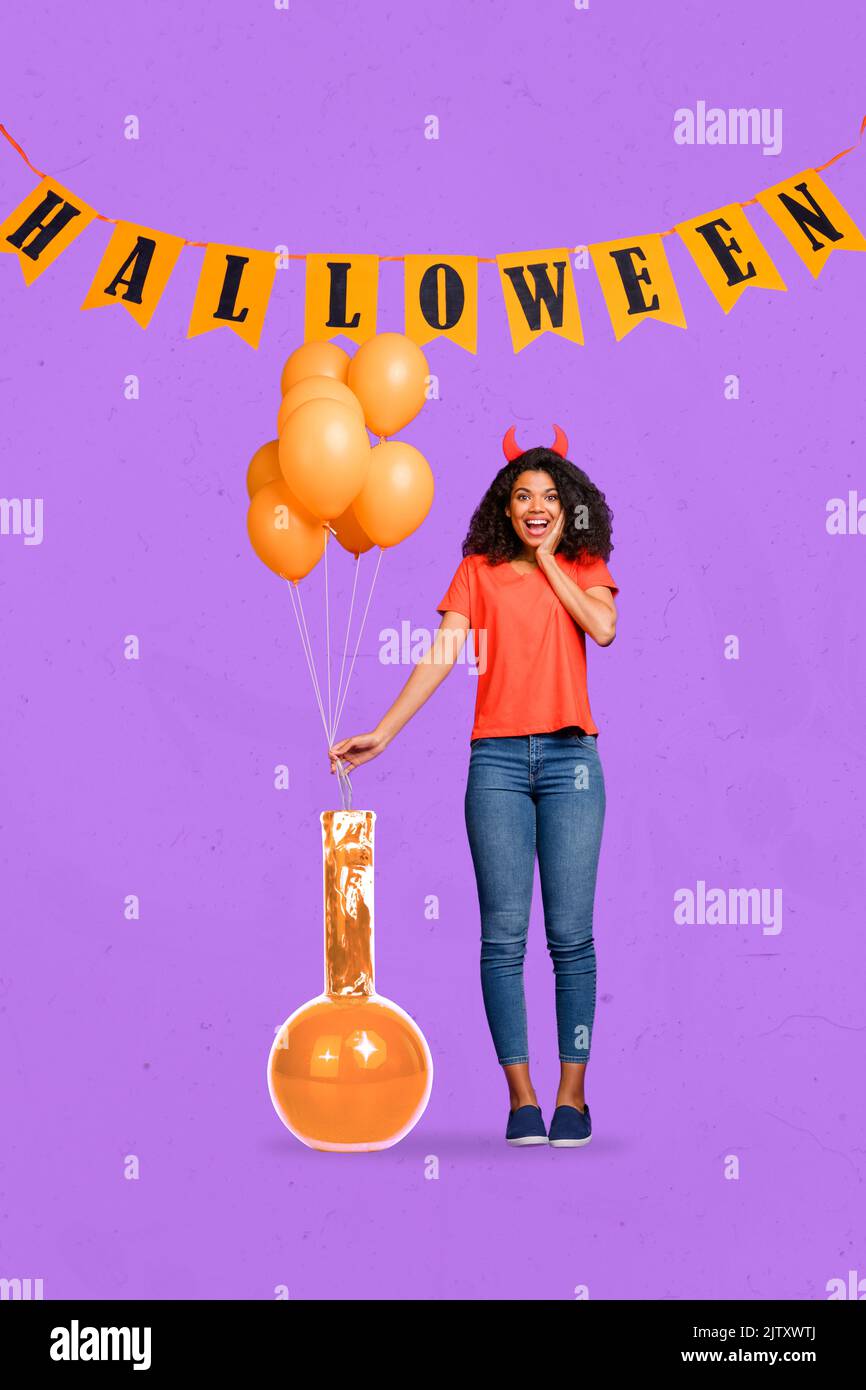 Vertical collage picture of impressed smiling girl hold orange balloons ...