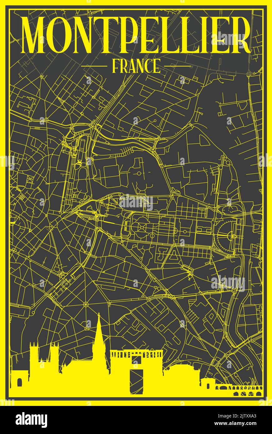 Yellow printout city poster with panoramic skyline and hand-drawn ...