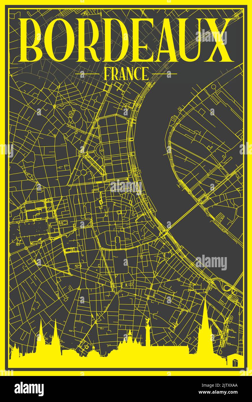 Yellow printout city poster with panoramic skyline and hand-drawn ...