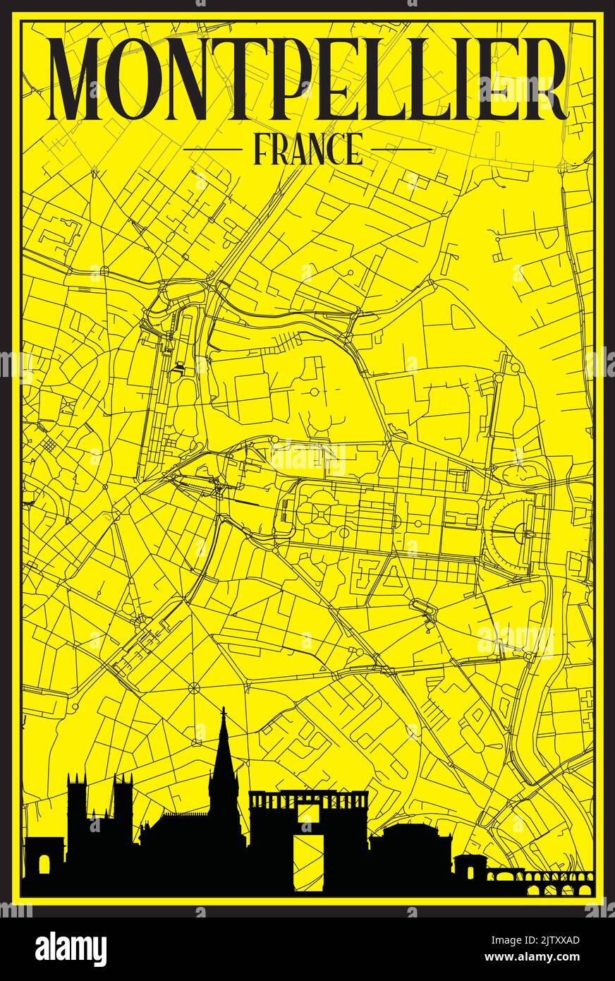 Golden printout city poster with panoramic skyline and hand-drawn ...