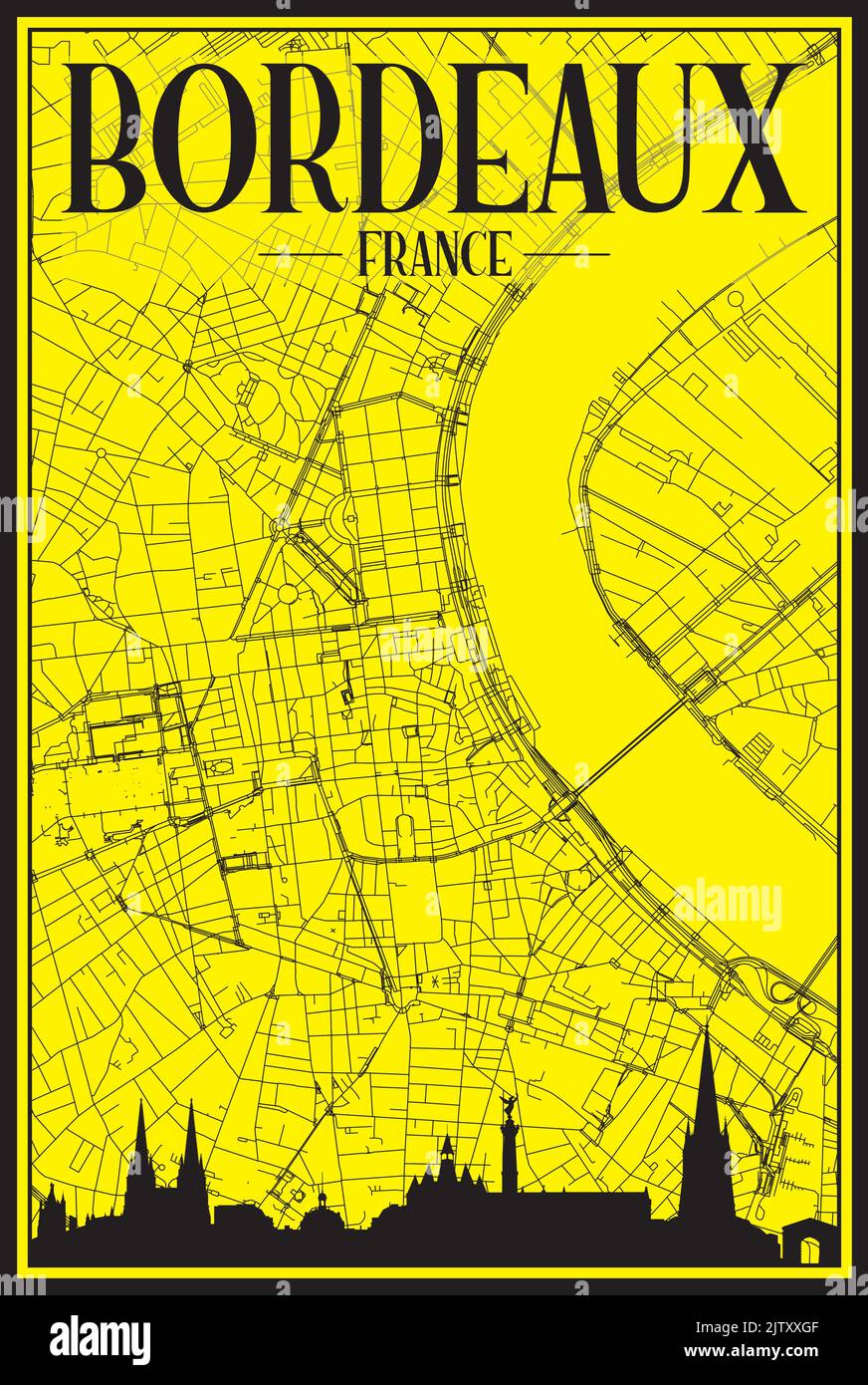 Golden printout city poster with panoramic skyline and hand-drawn ...