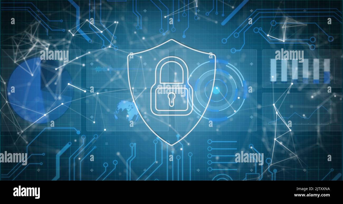 Image of connections, data and digital shield with padlock on blue ...