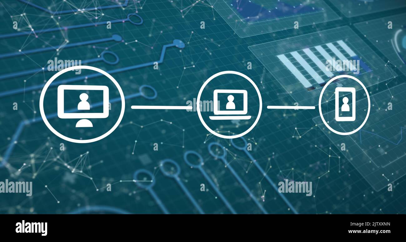 Image of technology icons over integrated circuit on blue background ...