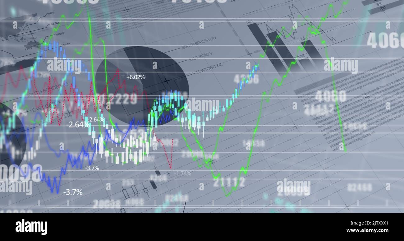 Image of graphs and financial data over grey background Stock Photo - Alamy