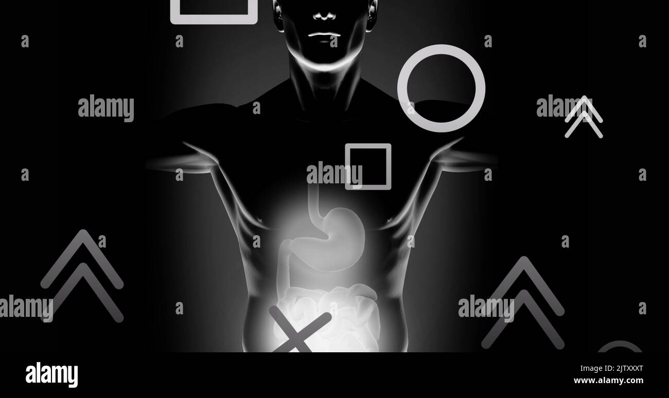 Image of falling shapes over human body model. global science research ...