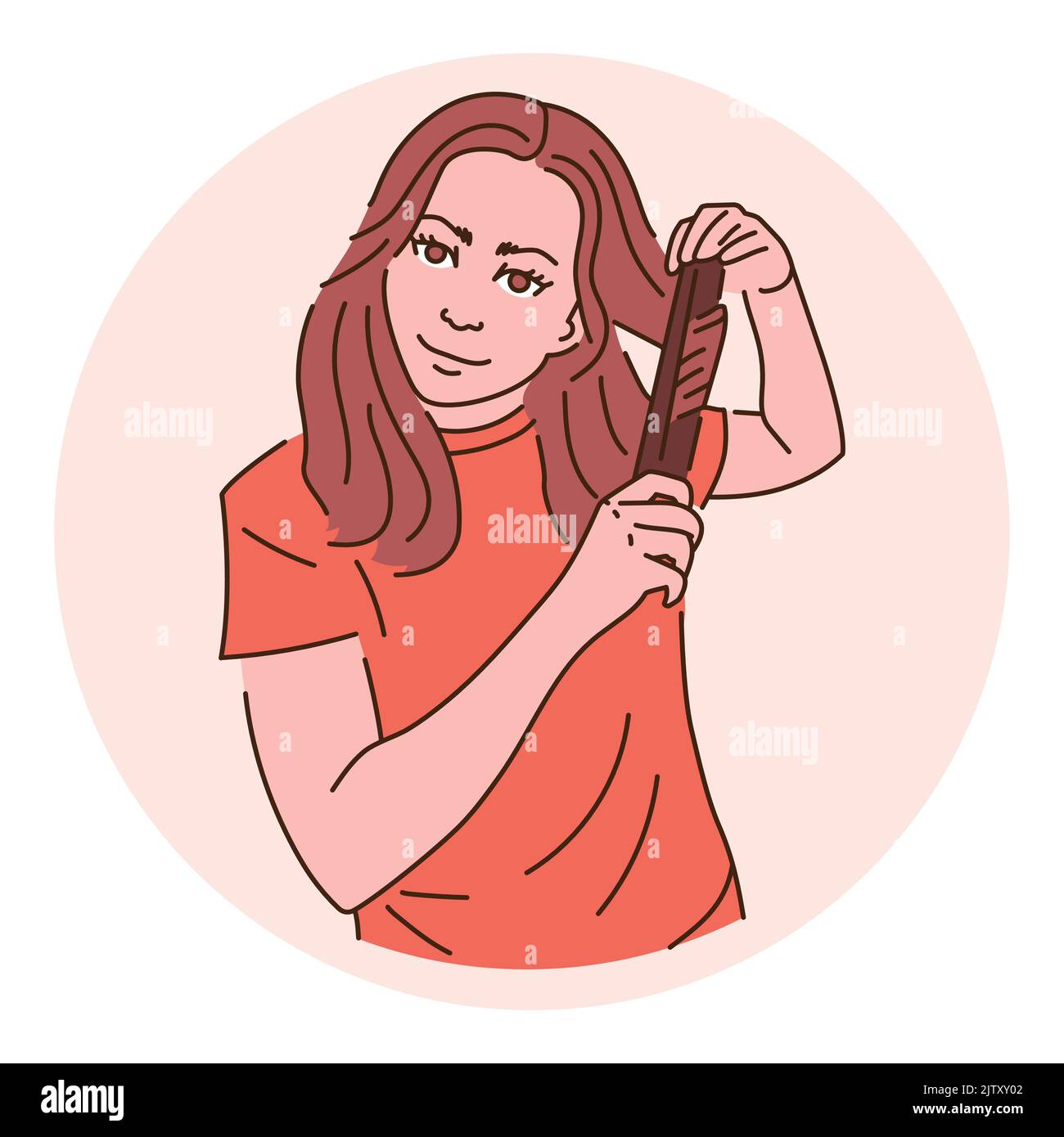 Girl makes hair twists flat vector illustration. Daily routine ...
