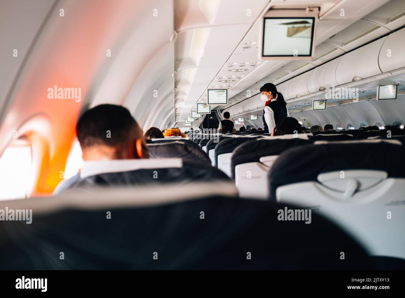 The back of people's heads as they wait for takeoff on a commercial ...