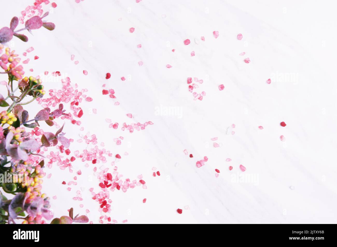 Abstract spa background with herbs, flowers, sea salt and marble ...
