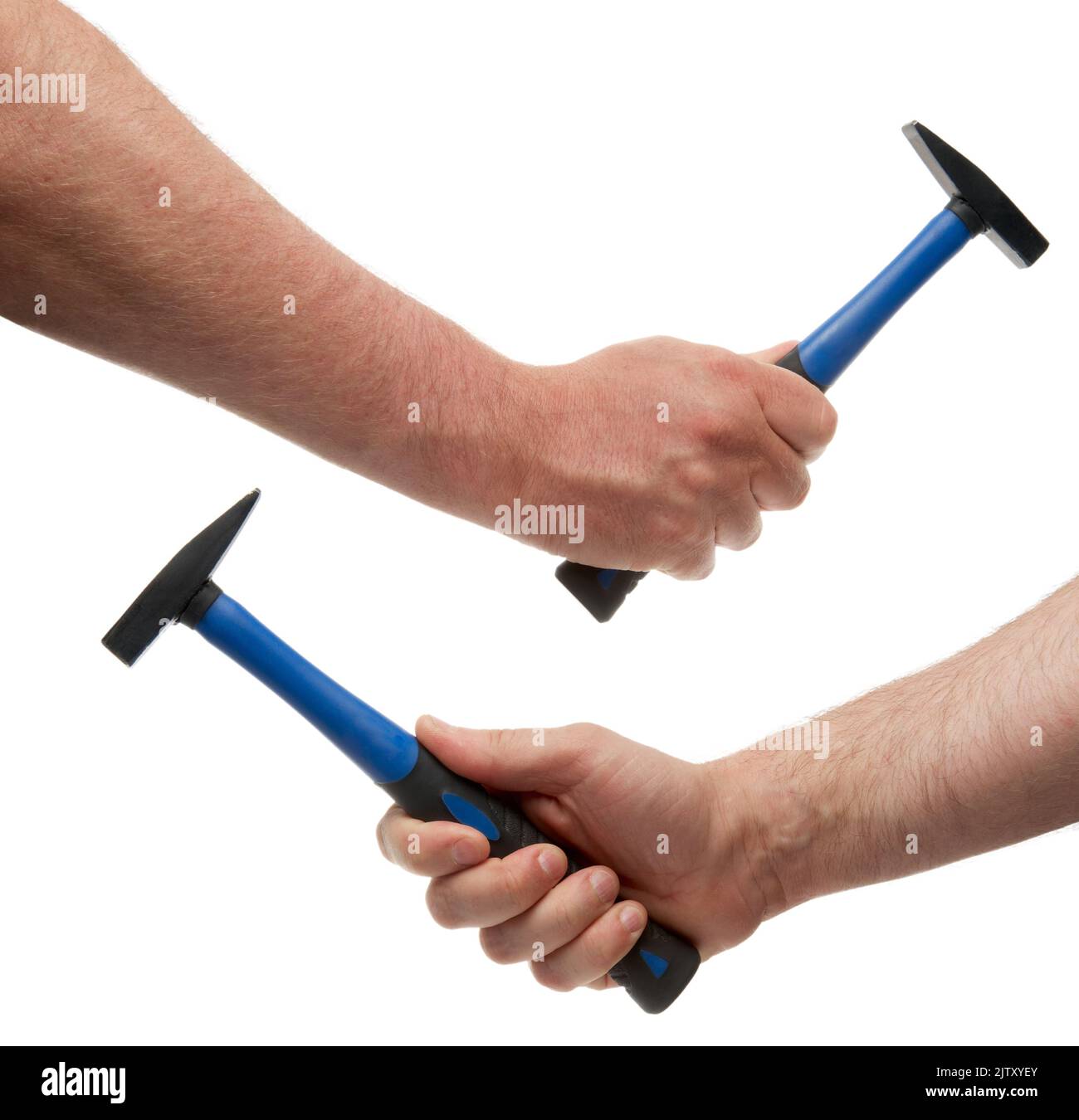 Close up of human hand with hummer. Isolated on white background with ...