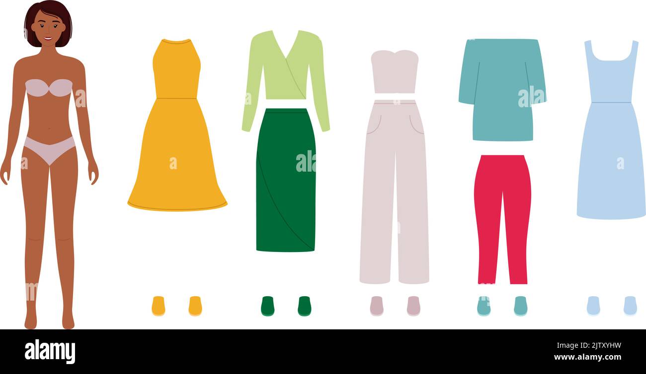 Dark skin paper doll with fashion clothes for different events, vector ... Dark skin paper doll with fashion clothes for different events, vector ...