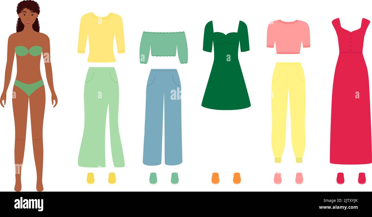 Dark skin paper doll with fashion clothes for different events, vector ... Dark skin paper doll with fashion clothes for different events, vector ...