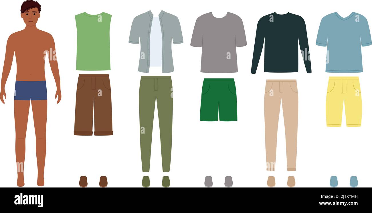 Dark skin paper doll man with clothes for different events, vector ... Dark skin paper doll man with clothes for different events, vector ...