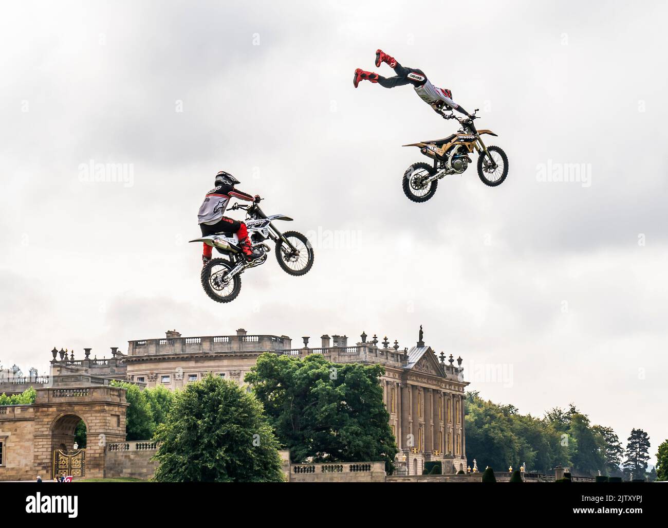 A member of the Bolddog Lings FMX Display Team performs over Chatsworth ...
