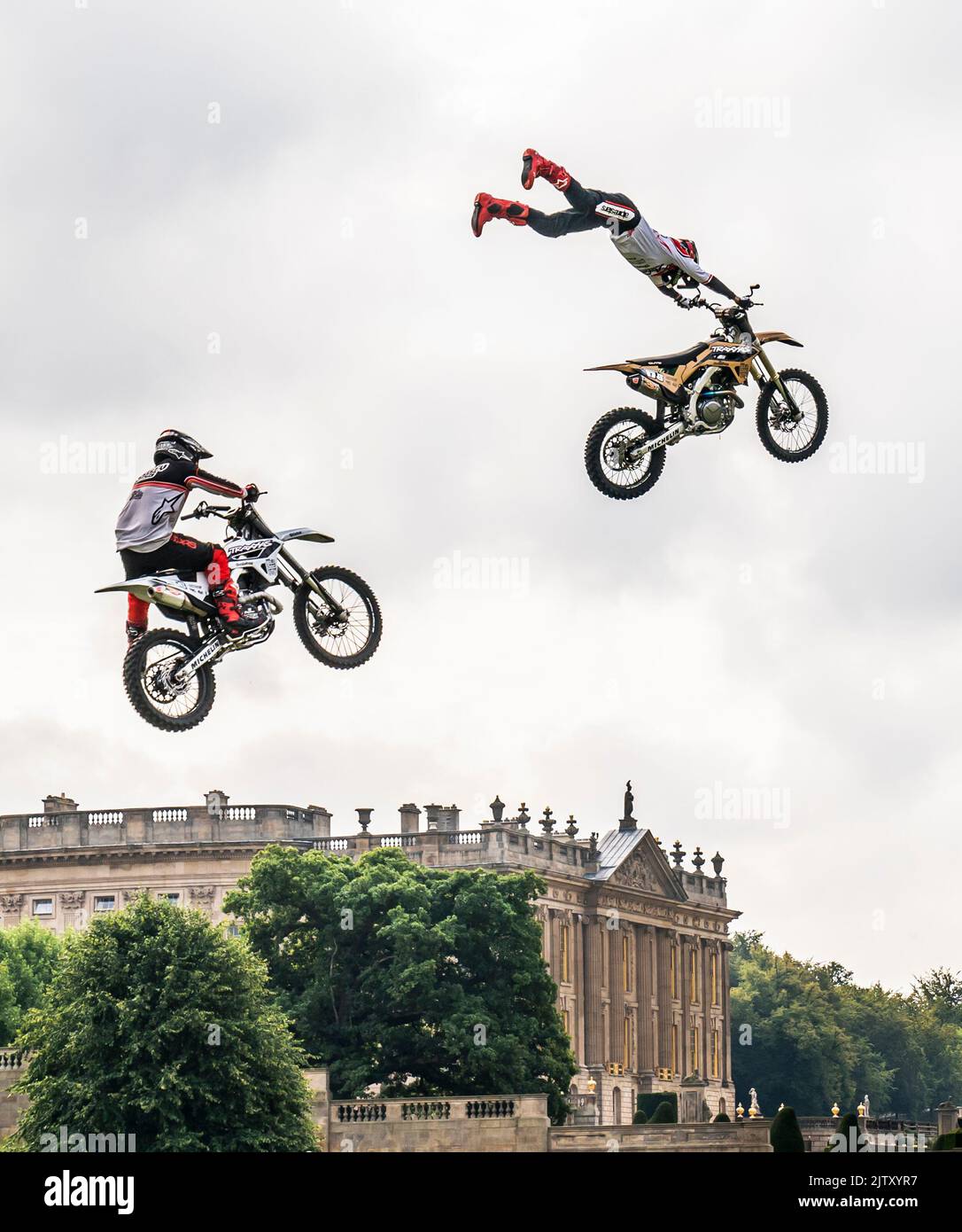A member of the Bolddog Lings FMX Display Team performs over Chatsworth ...