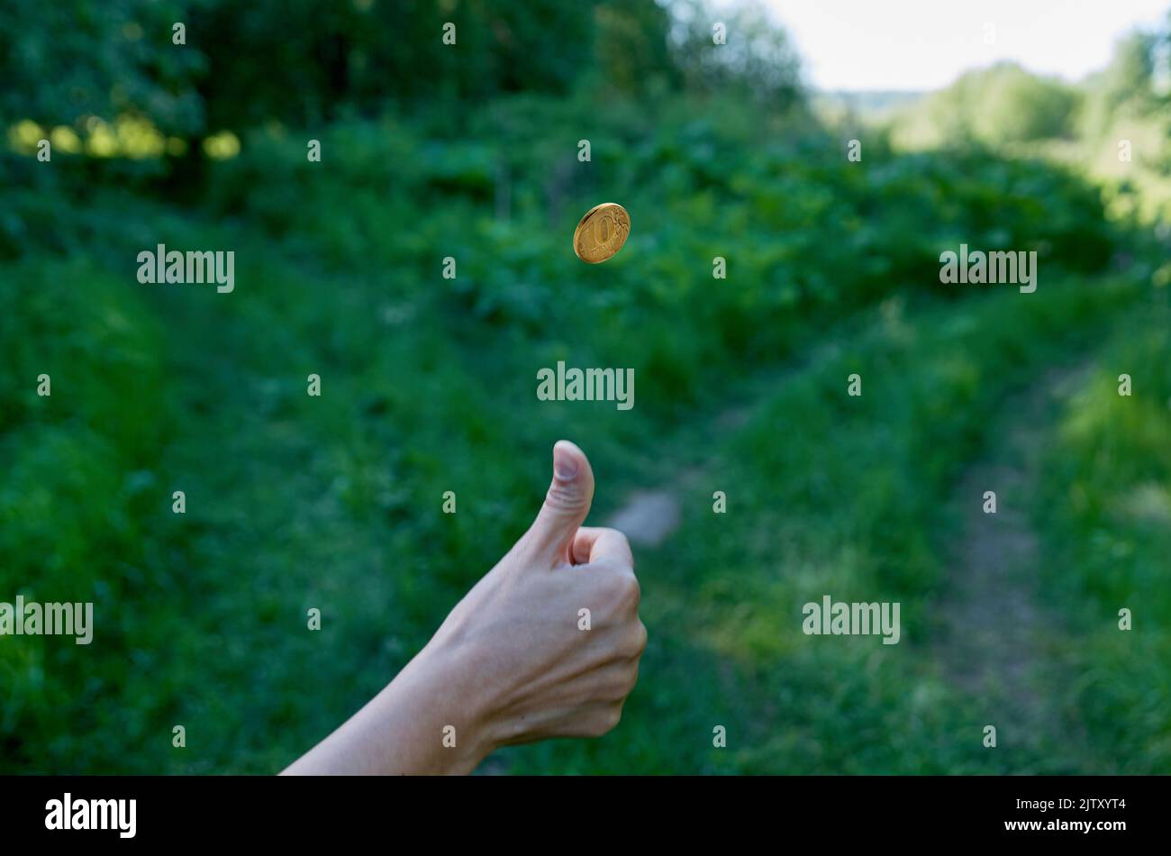 Choice of solution. Tossing a coin at a fork in a forest path Stock ...