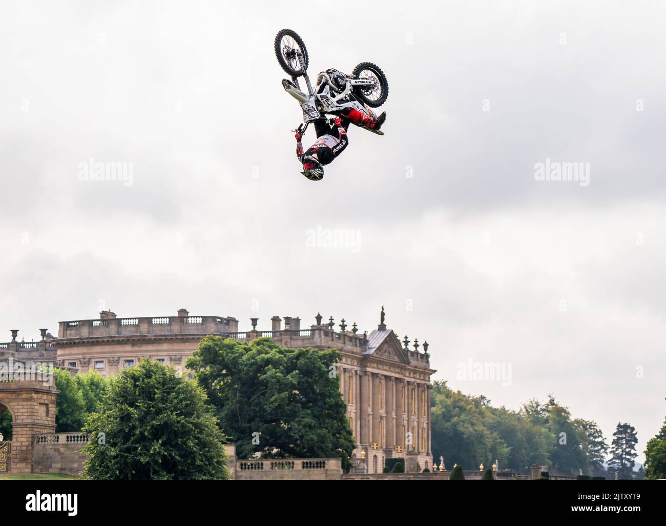 A member of the Bolddog Lings FMX Display Team performs over Chatsworth ...