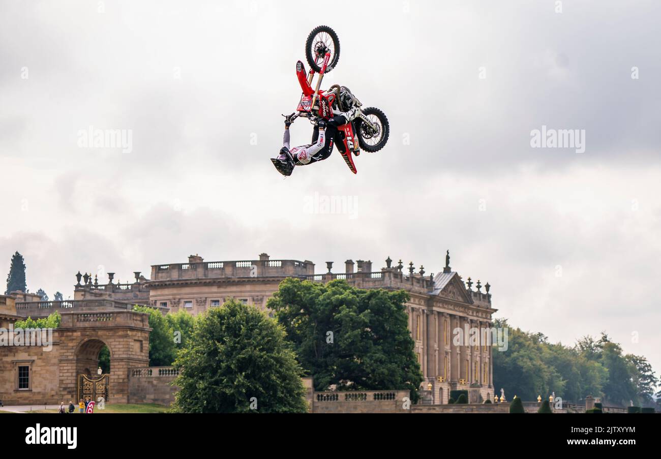 A member of the Bolddog Lings FMX Display Team performs over Chatsworth ...
