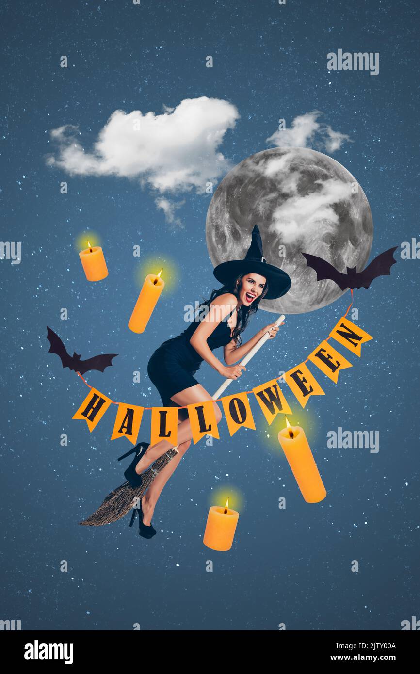 Vertical collage of witch wizard girl fly broomstick bats carry halloween flags isolated on moon ...