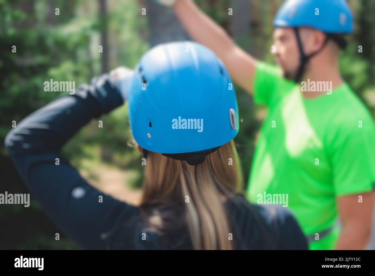 View of high ropes course, process of climbing in amusement acitivity ...