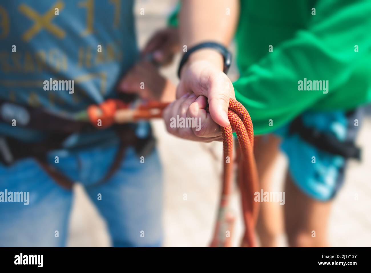 View of high ropes course, process of climbing in amusement acitivity ...