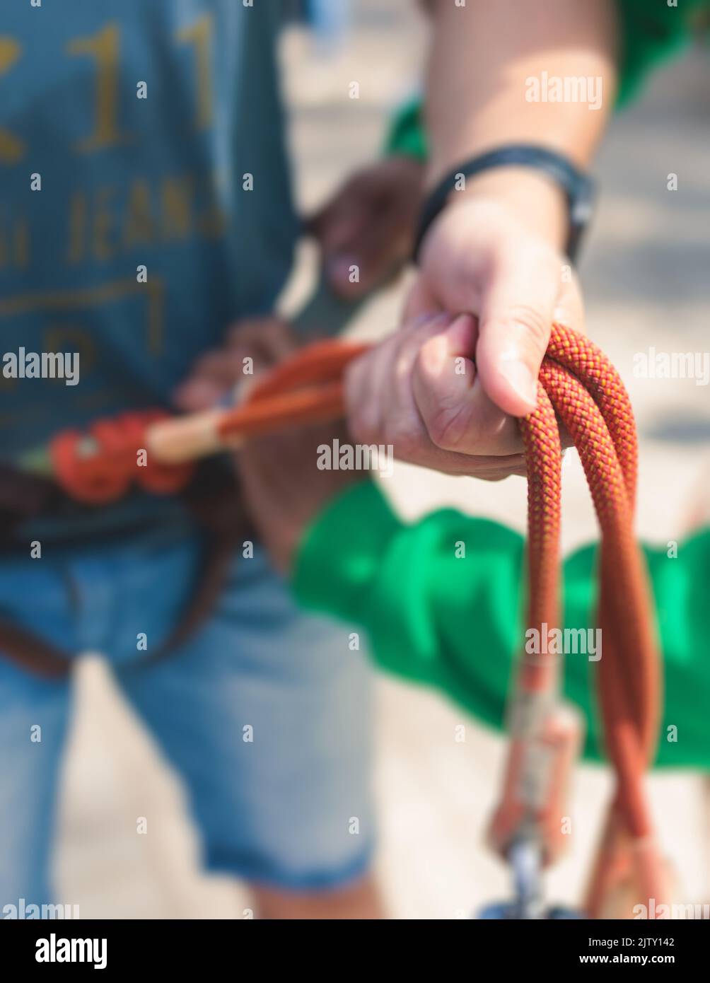 View of high ropes course, process of climbing in amusement acitivity ...