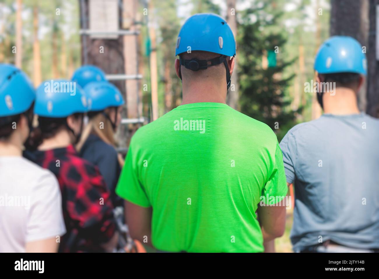 View of high ropes course, process of climbing in amusement acitivity ...
