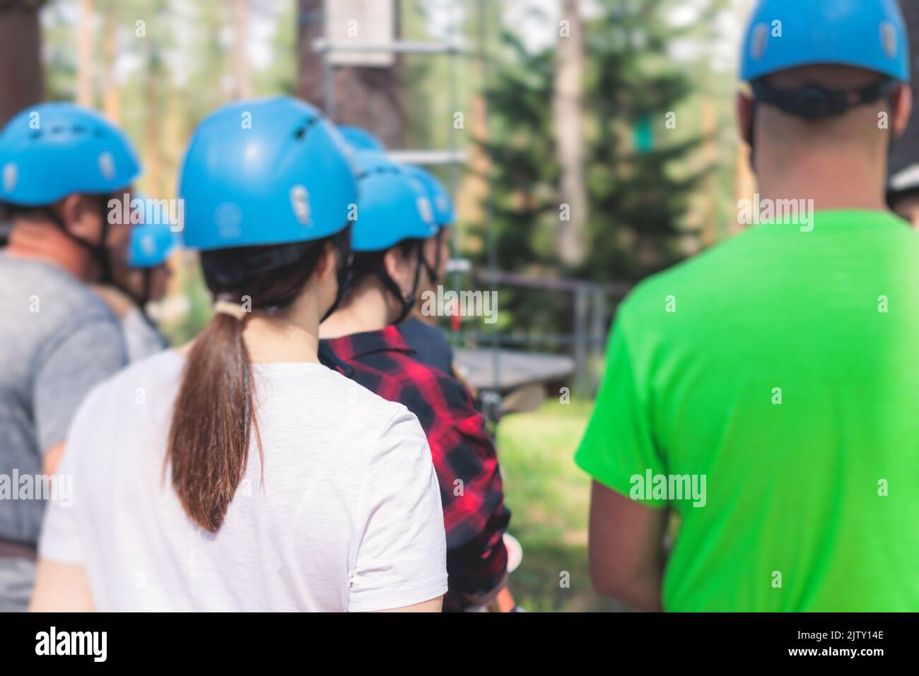 View of high ropes course, process of climbing in amusement acitivity ...