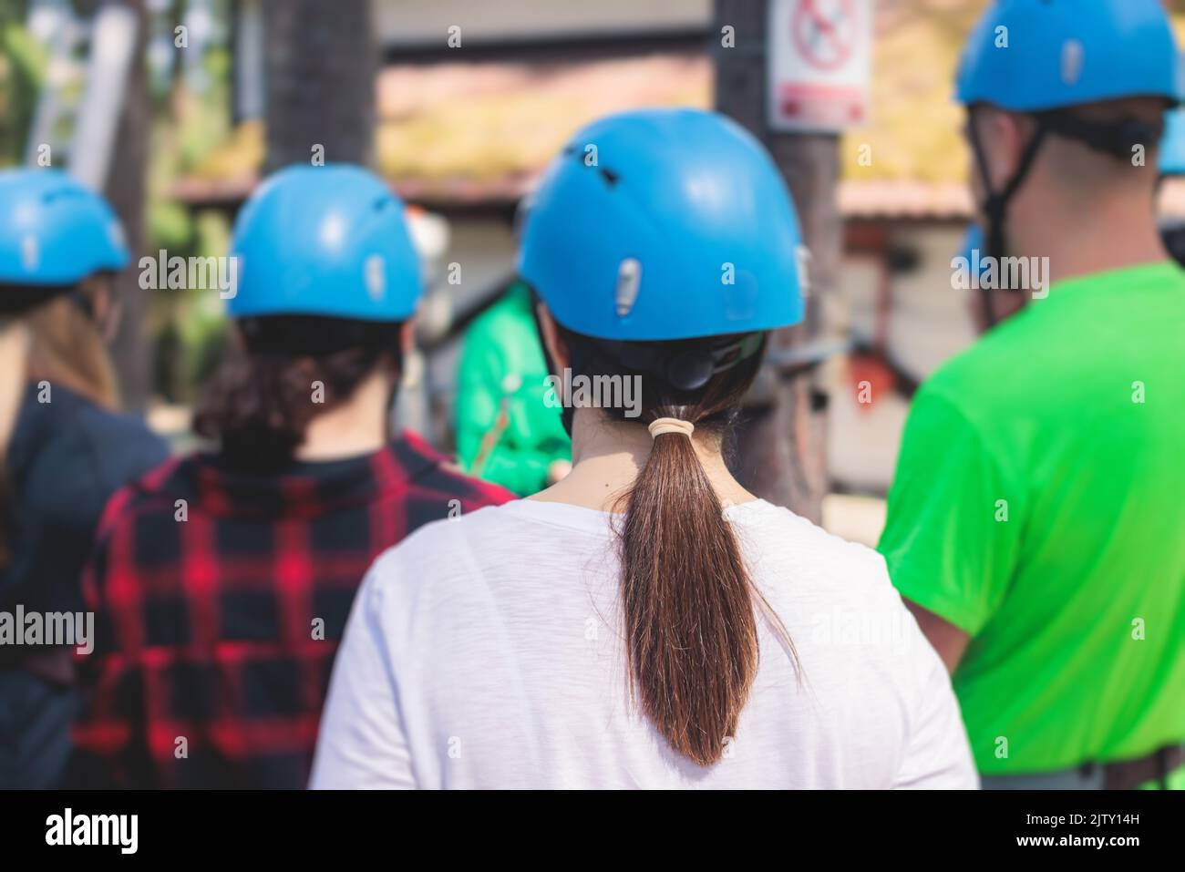 View of high ropes course, process of climbing in amusement acitivity ...