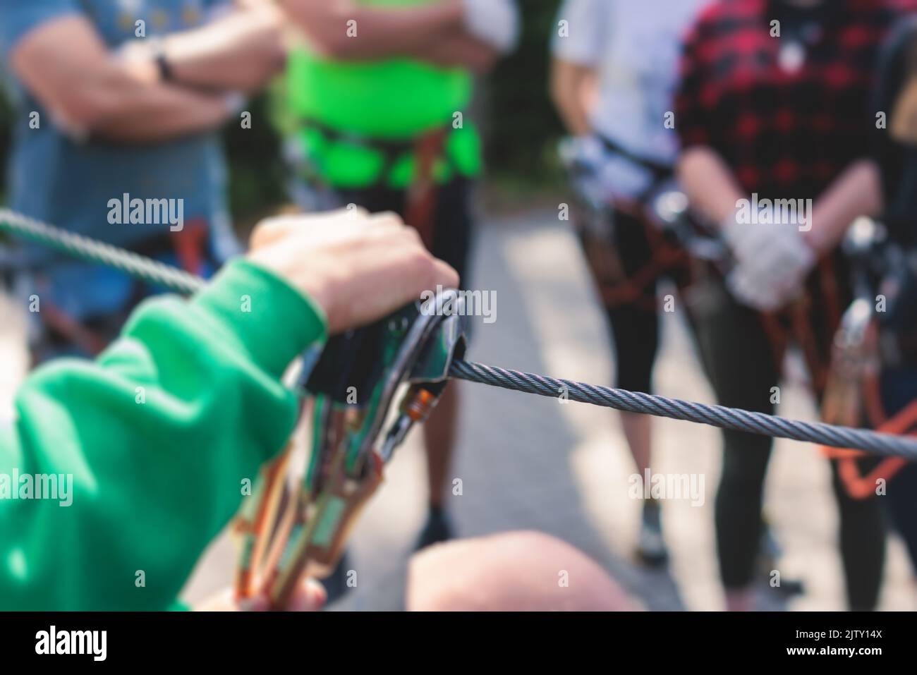 View of high ropes course, process of climbing in amusement acitivity ...