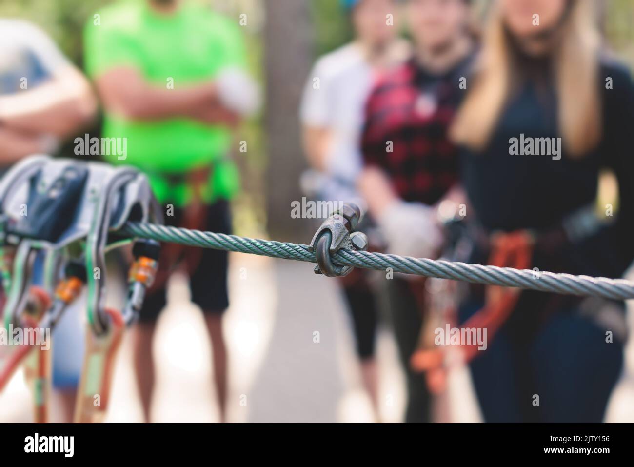 View of high ropes course, process of climbing in amusement acitivity ...