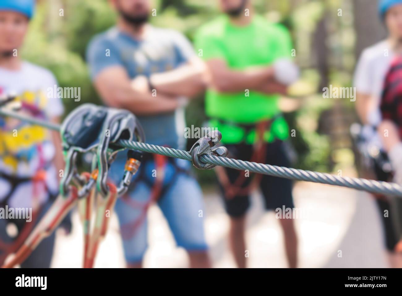 View of high ropes course, process of climbing in amusement acitivity ...