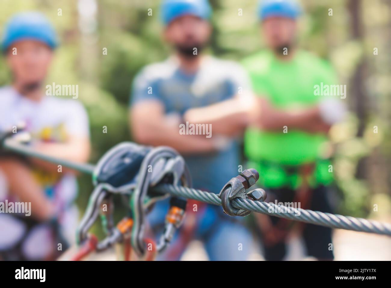 View of high ropes course, process of climbing in amusement acitivity ...