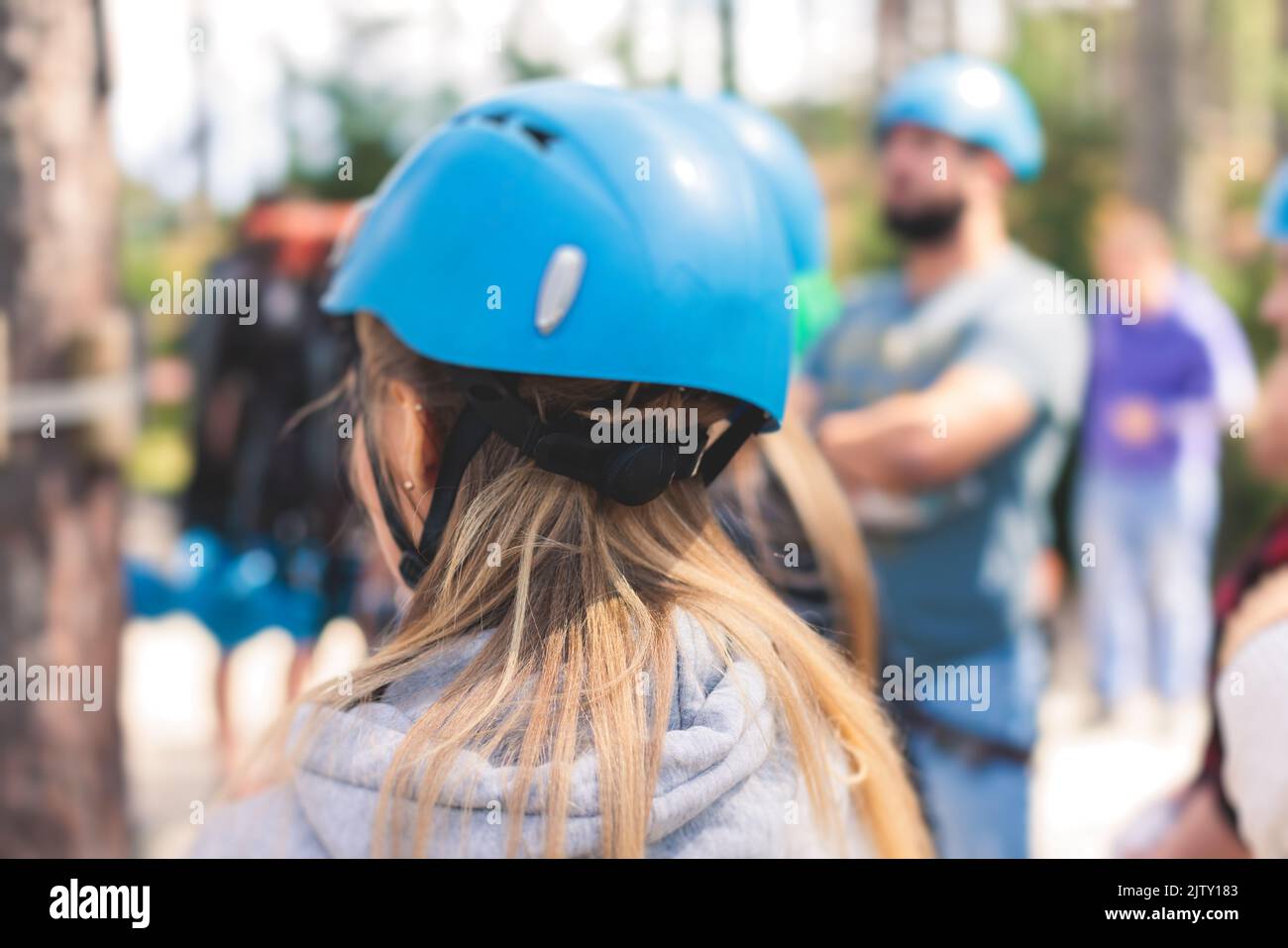 View of high ropes course, process of climbing in amusement acitivity ...