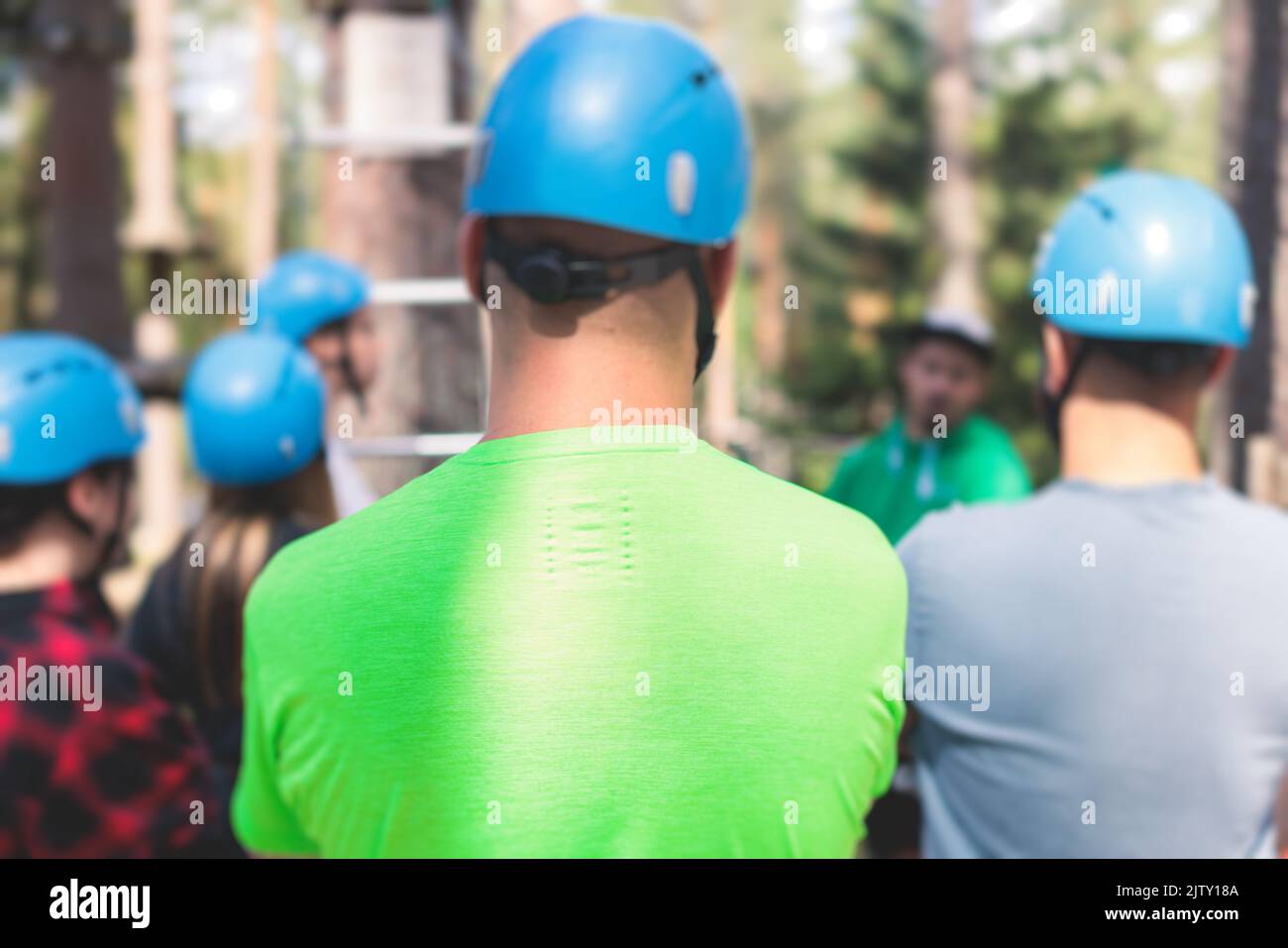 View of high ropes course, process of climbing in amusement acitivity ...