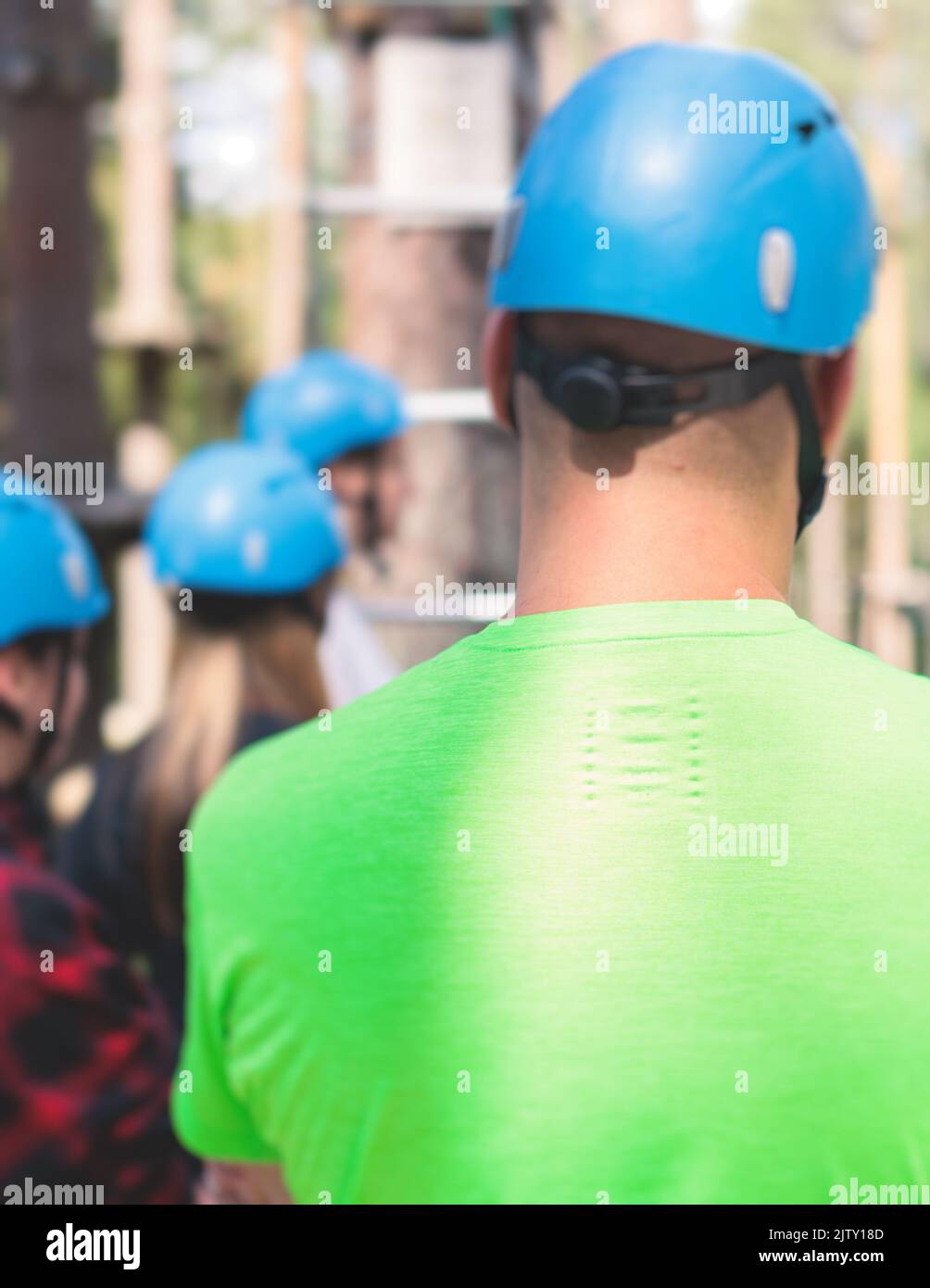View of high ropes course, process of climbing in amusement acitivity ...