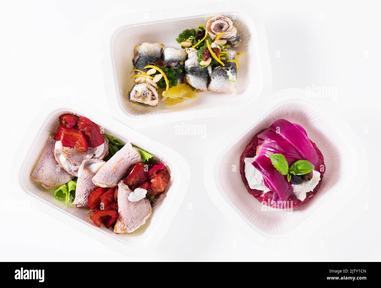 Collection of white plastic take away boxes with healthy food. Set of ...