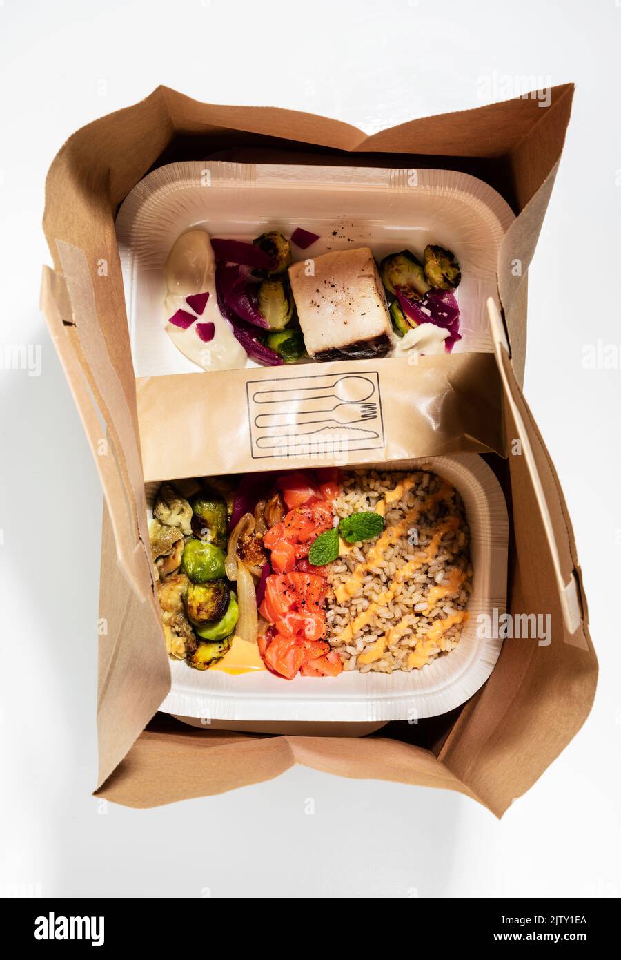 Collection of white plastic take away boxes with healthy food. Set of ...