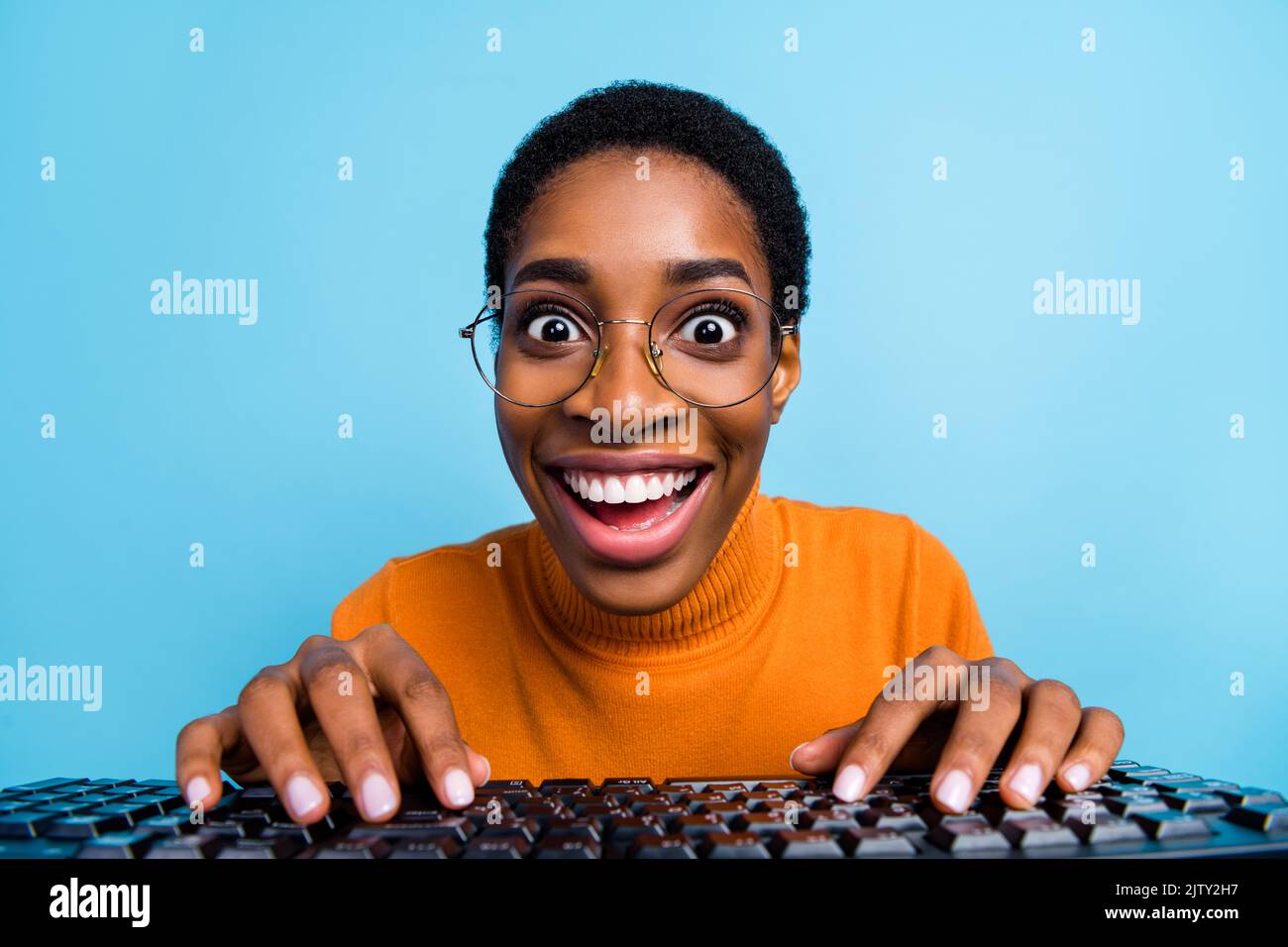 Photo of crazy geek programmer lady look web camera typing wear yellow ...
