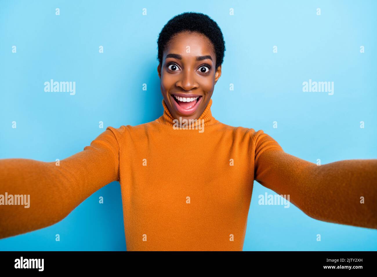 Photo of unisex person take selfie amazed face wow reaction open mouth ...