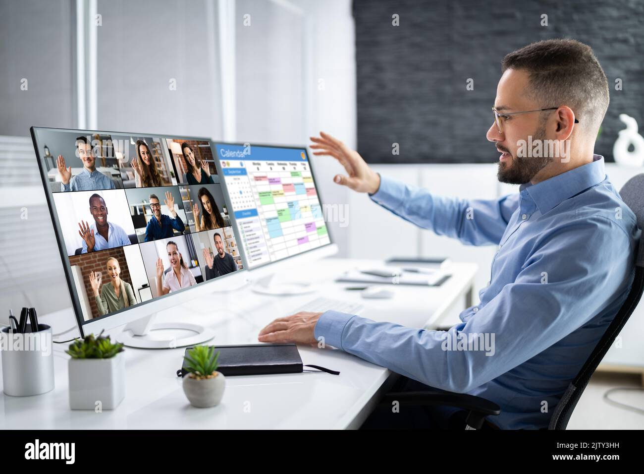 Telecommuting On Desktop Office Computer. Video Telework Banner Stock ...