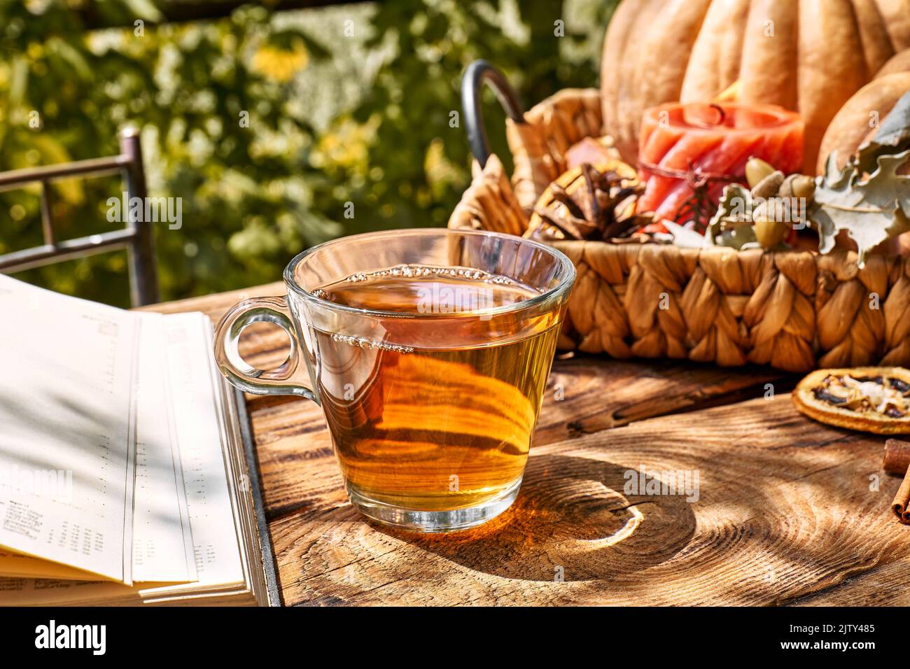 Cozy warm autumn composition with cup of hot tea, burning candle, open ...