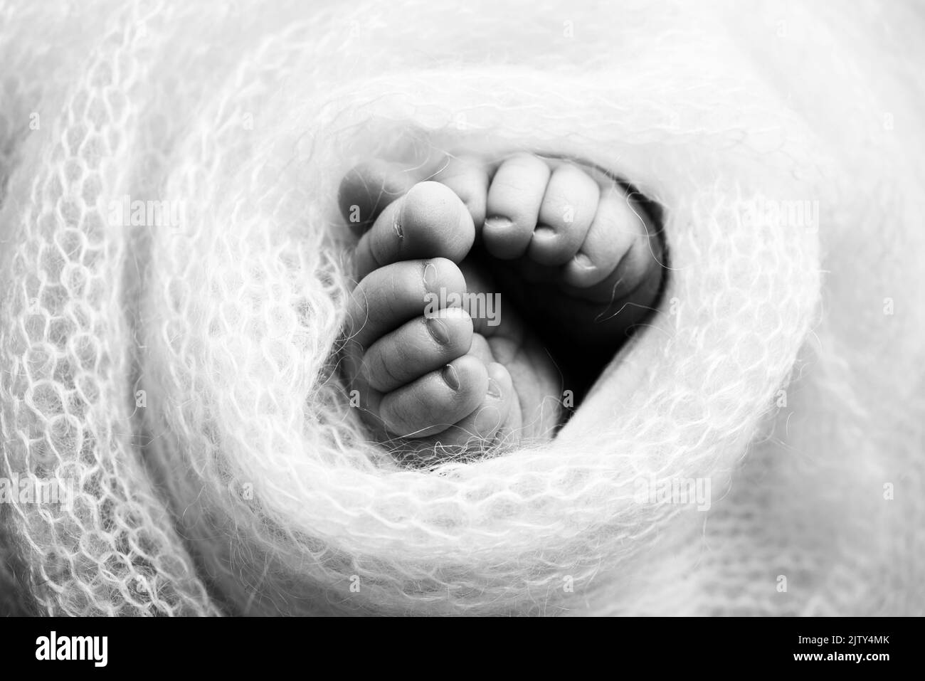Soft feet of a newborn in a blanket. Close-up of toes, heels and feet ...