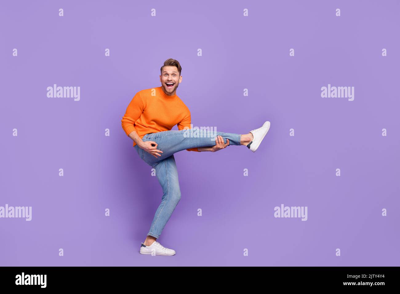 Full body photo of laughing male have fun playing guitar leg dancing in ...