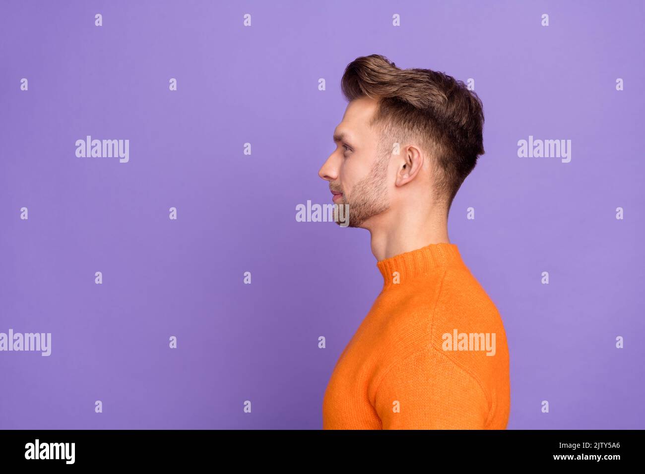 Profile side portrait of elegant masculine male visit barbershop studio ...