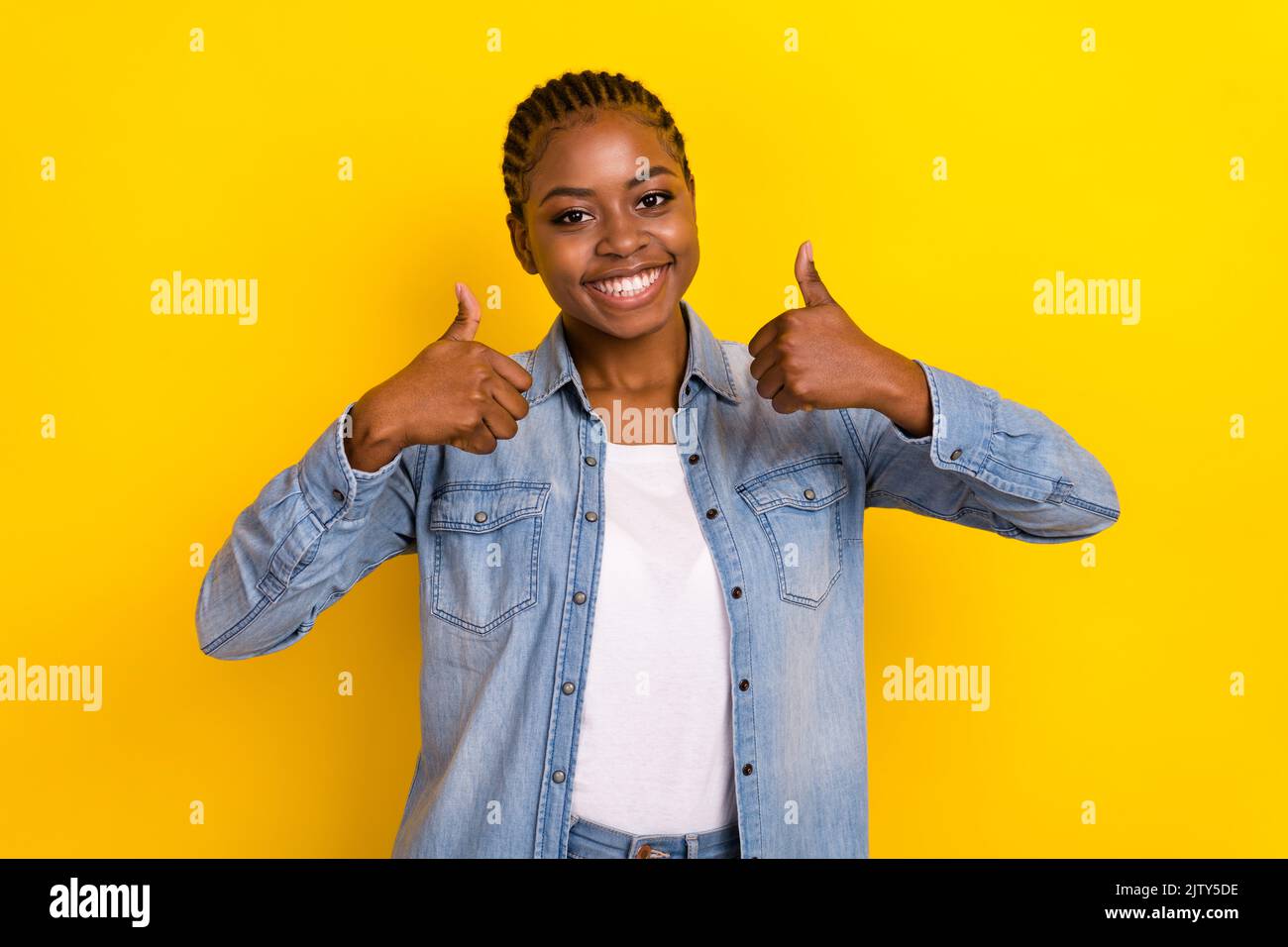 Photo of positive lady promoter make thumb up symbol advertise promo ...