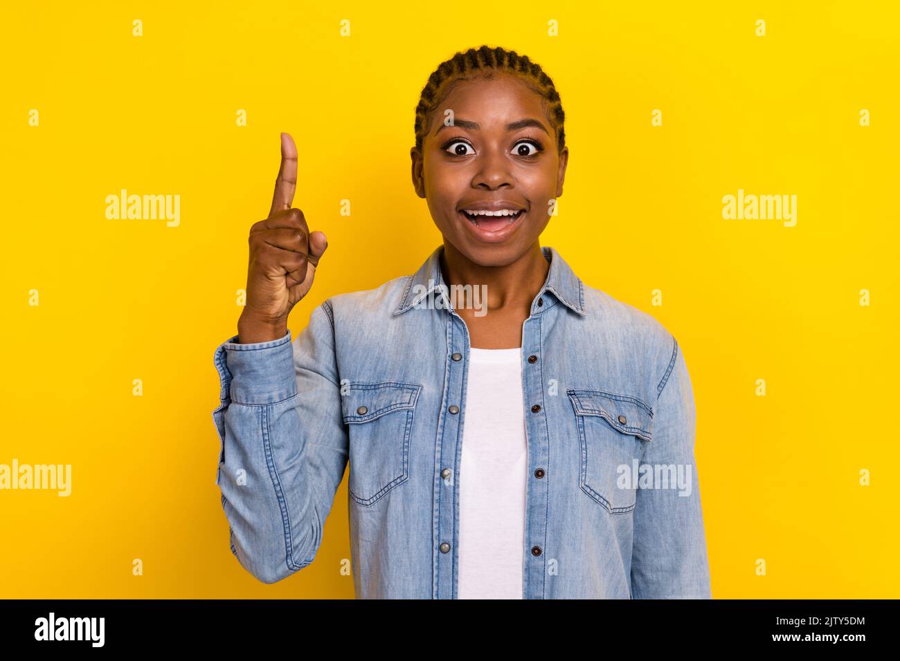 Photo of positive surprise lady finger point up decide excellent ...