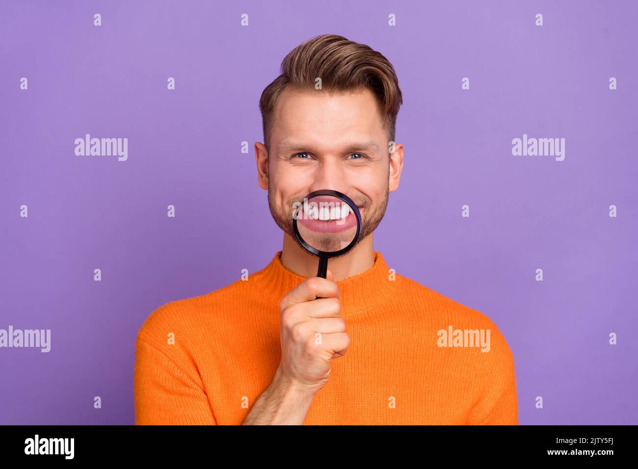 Photo of funny funky guy dressed orange pullover magnifier cover white ...