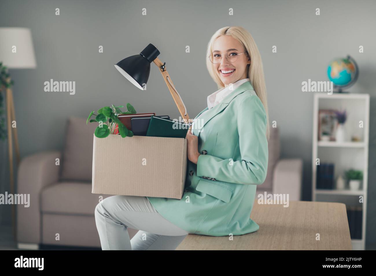 Photo of sweet cute lady wear turquoise jacket getting new job offer ...